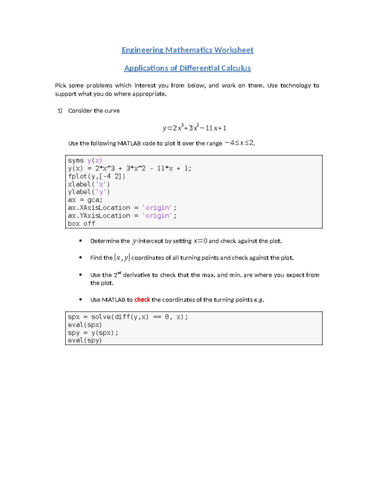 Worksheet 8 - Applications of Differential Calculus in Engineering Math ...
