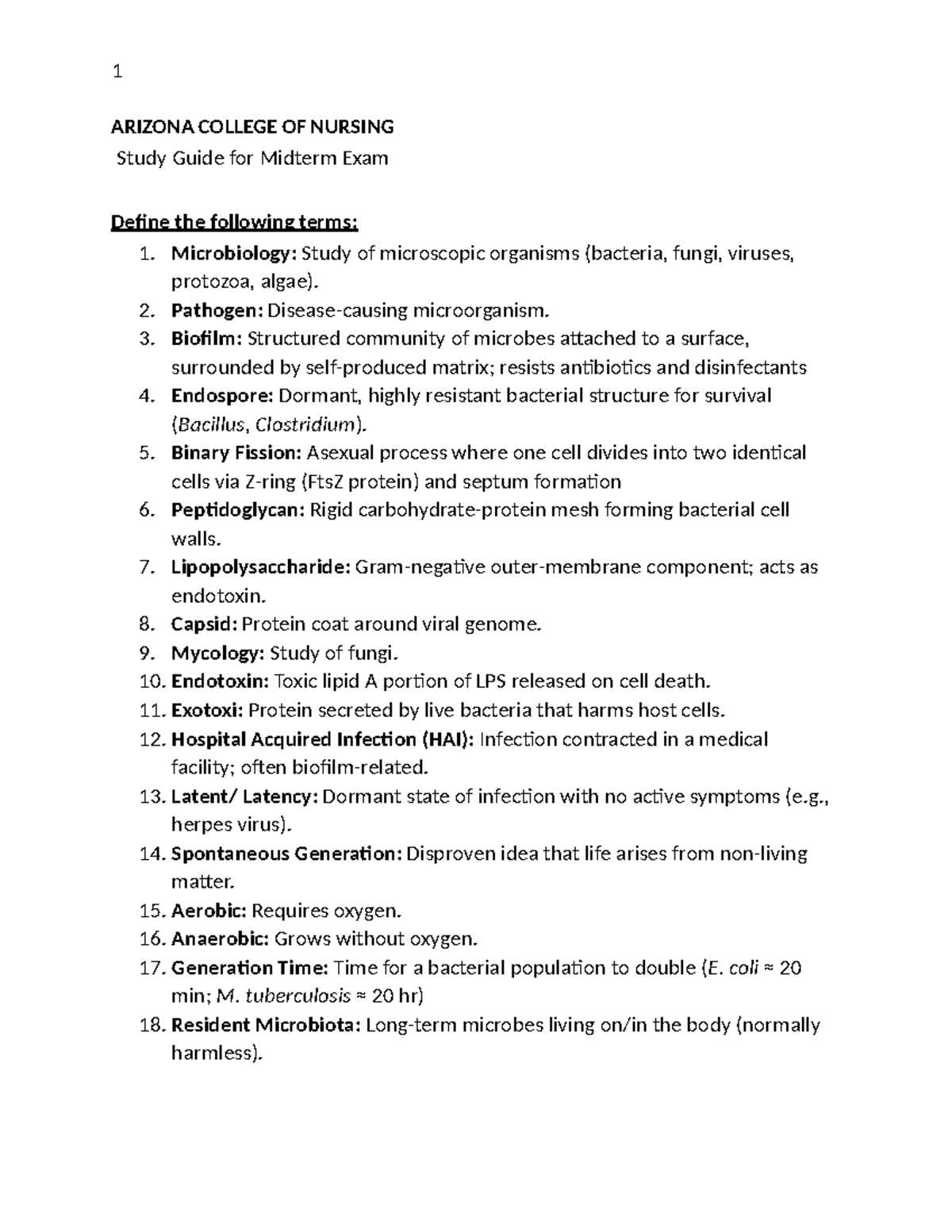 BIO 205 - Midterm Exam Study Guide: Key Terms & Concepts in Microbiology - Studocu