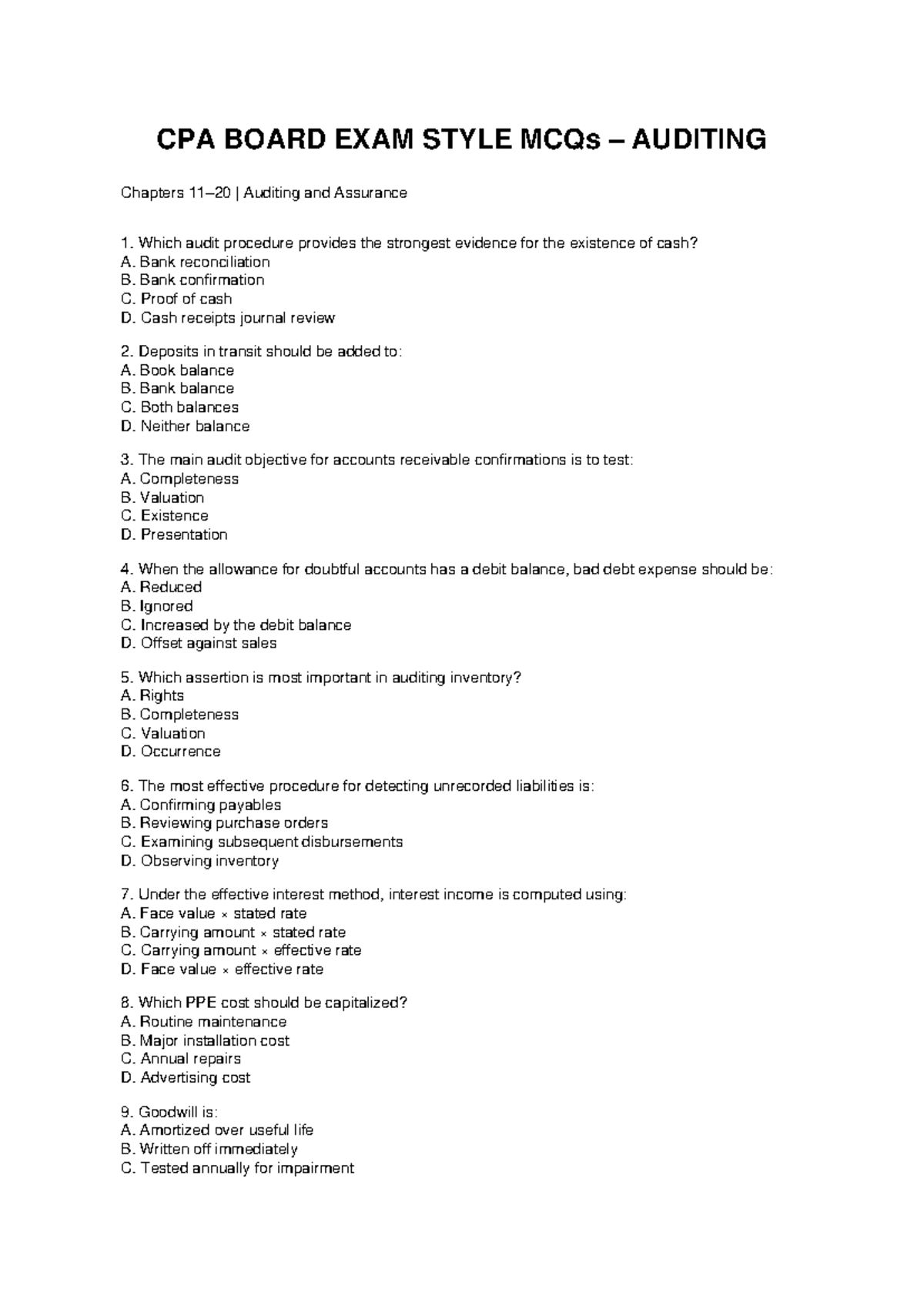 CPA AUDITING MCQs CH11: Exam Prep for Board Exam - Studocu