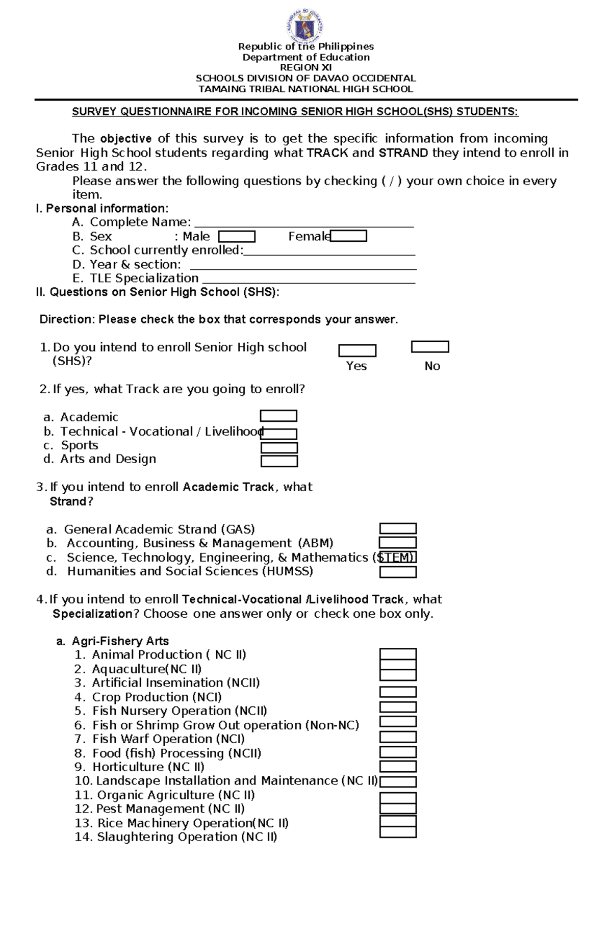 Senior High School Survey Questionnaire - Final 2024-2025 - Studocu