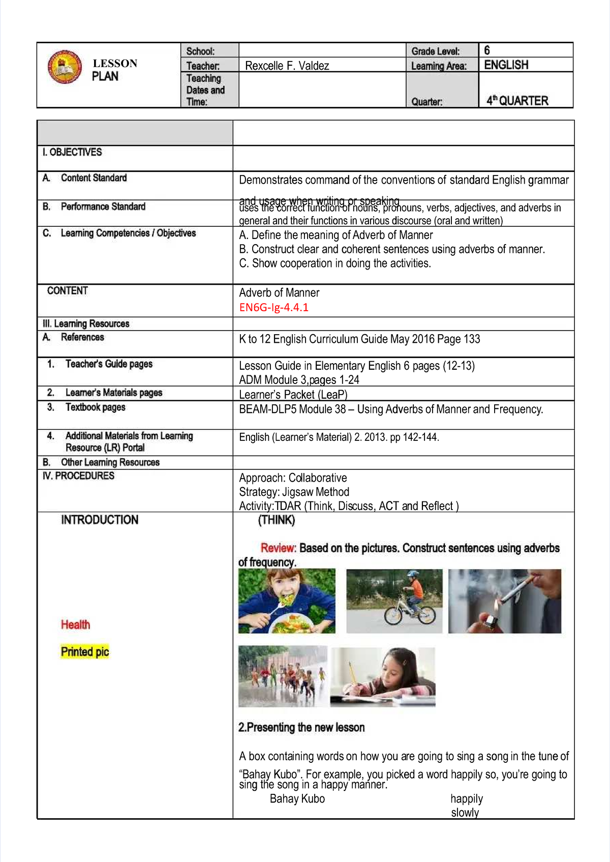 LESSON EN6-4Q: Using Adverbs of Manner in English 6 - Studocu