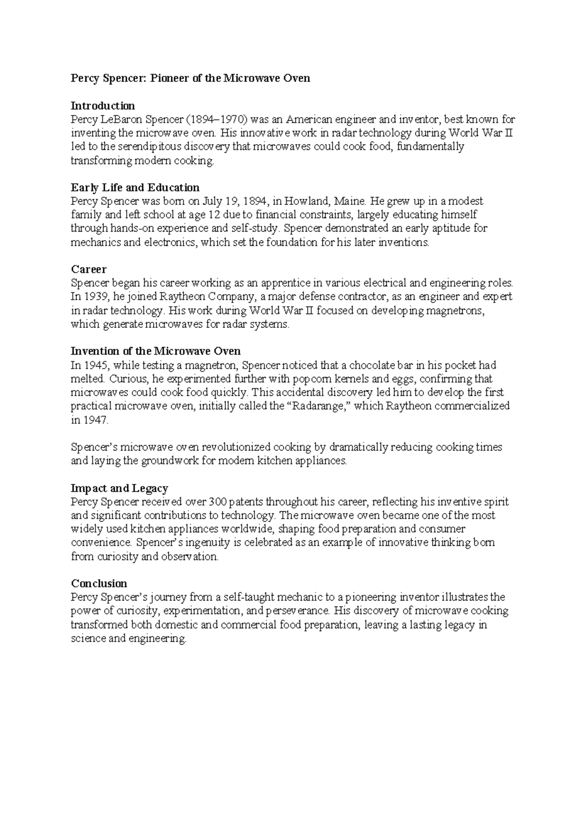 Percy Spencer: The Microwave Oven Pioneer and Innovator - Studocu