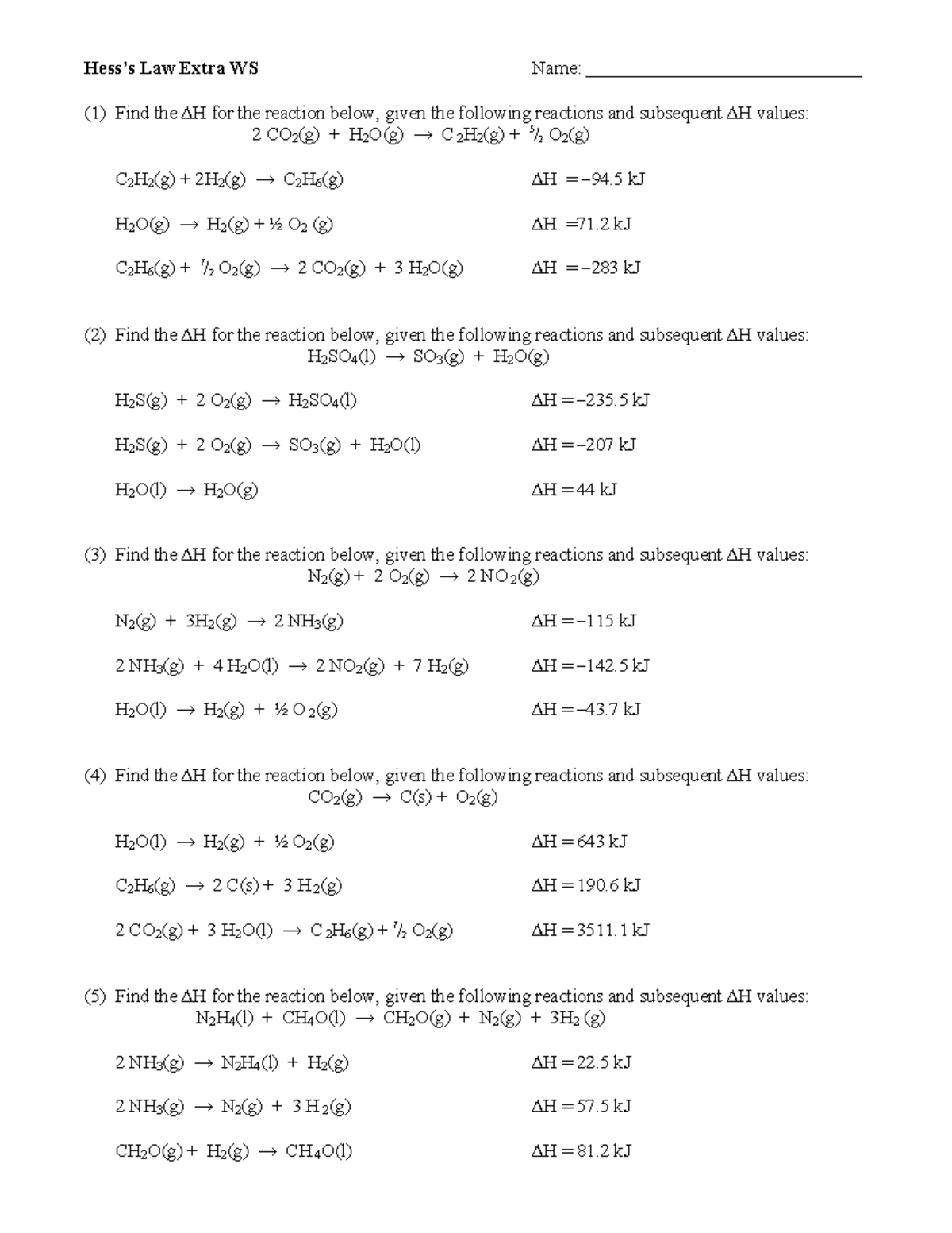Hess law problems (with answers) for chemistry course code WS - Studocu