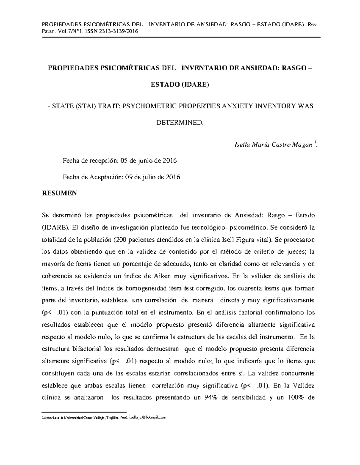 Propiedades Psicométricas del Inventario de Ansiedad (IDARE) - Studocu