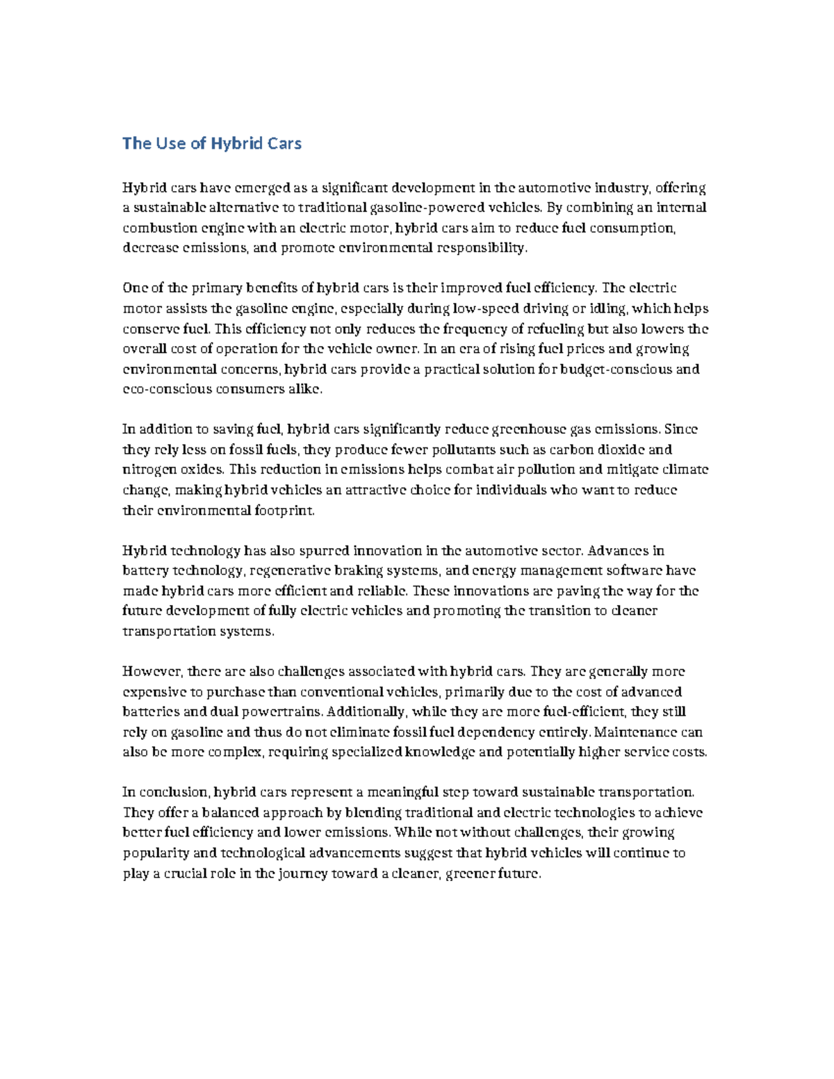 Essay Notes on Hybrid Cars: Benefits, Challenges, and Innovations - Studocu