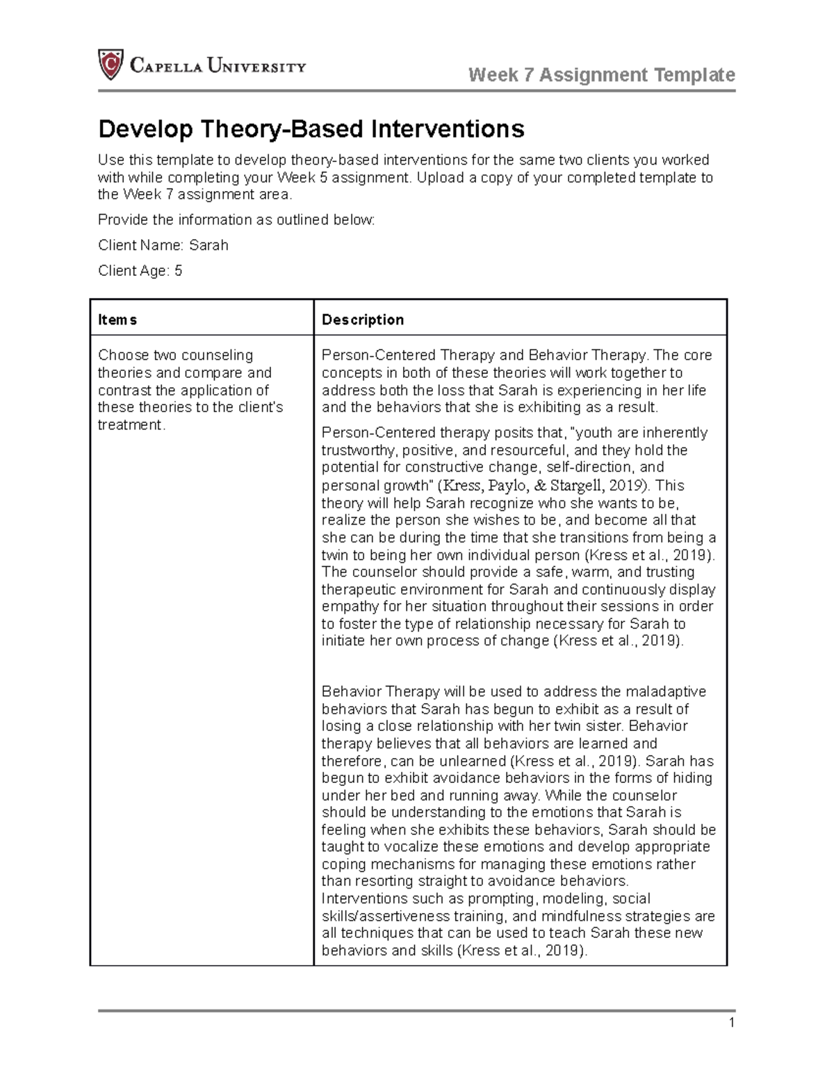 Unit 7 Assignment 1: Theory-Based Interventions for Client Sarah - Studocu