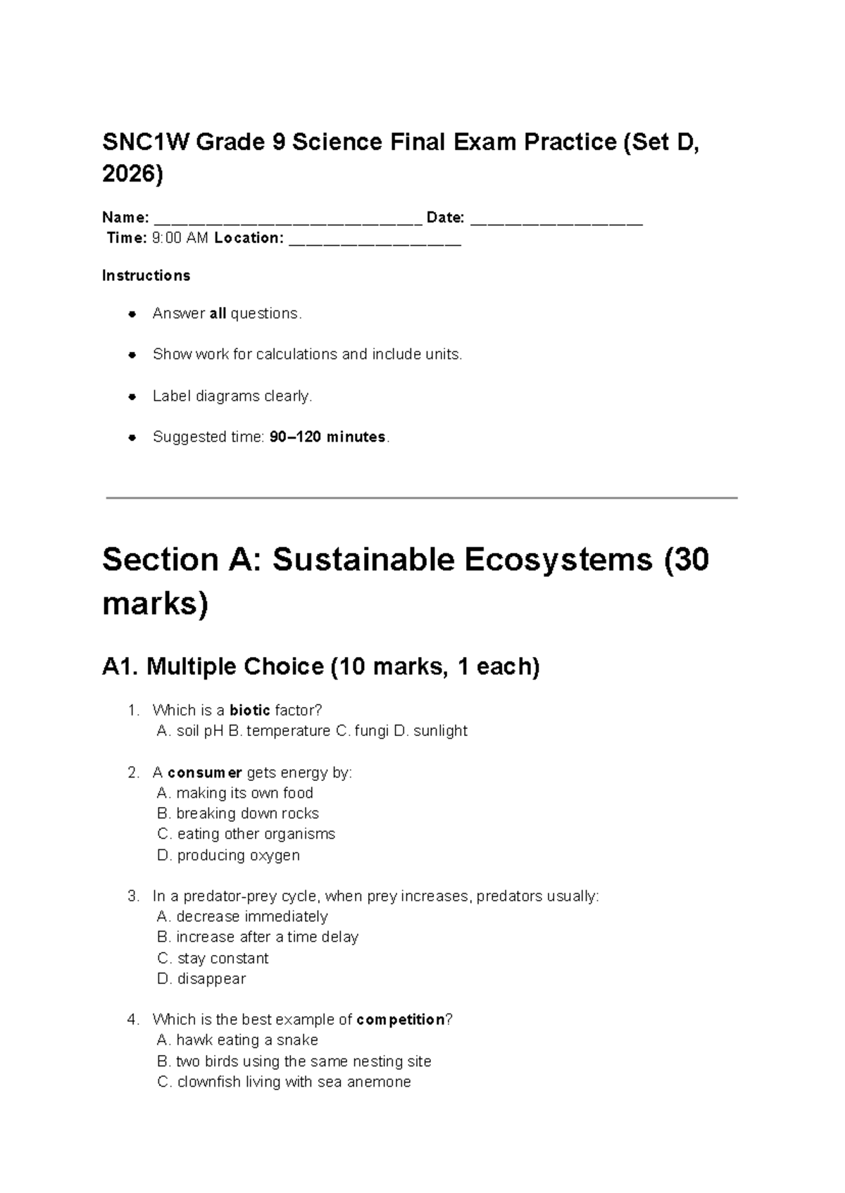 SNC1W Grade 9 Science Final Exam Practice Questions (Set D, 2026) - Studocu