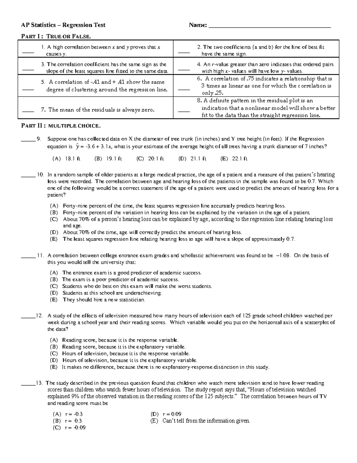 AP Statistics - Regression Test Multiple Choice Questions - Studocu