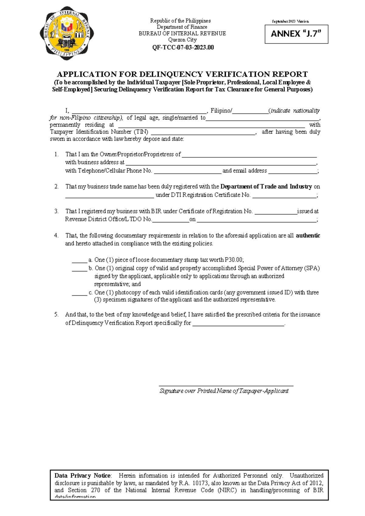 Application for Delinquency Verification Report for Individual ...