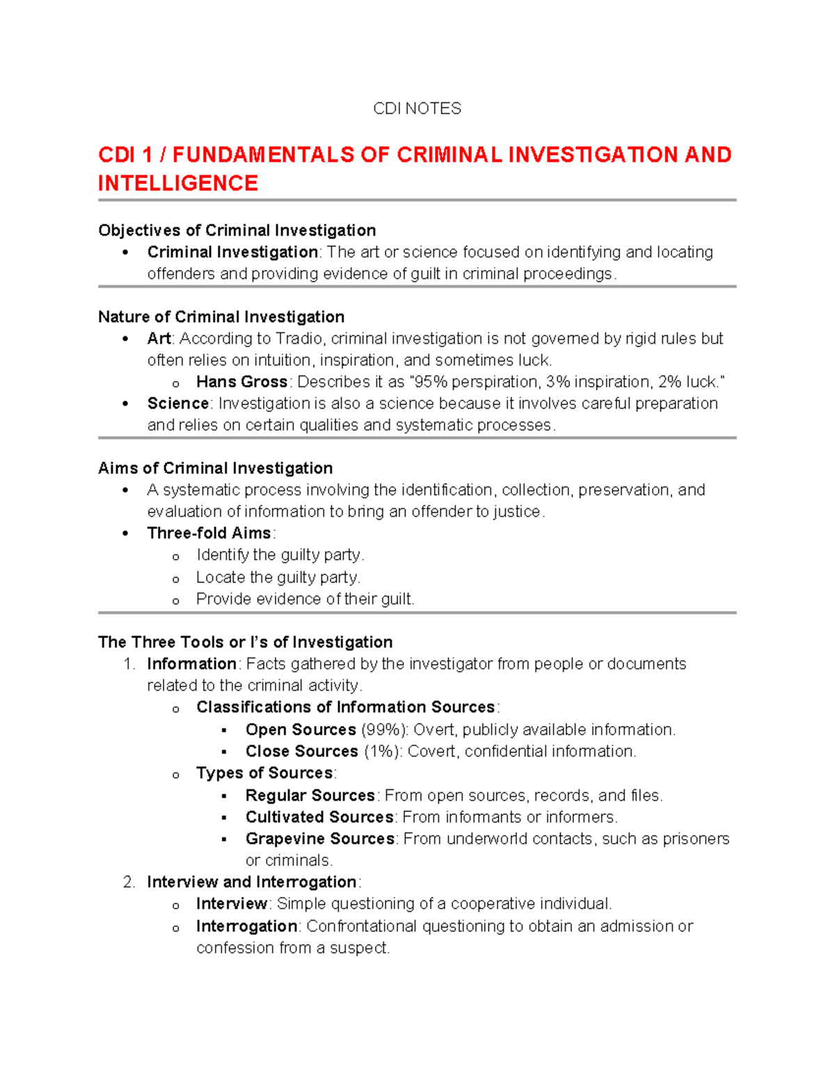 CDI-1 & 3 Final Exam Notes: Criminal Investigation and Interview ...