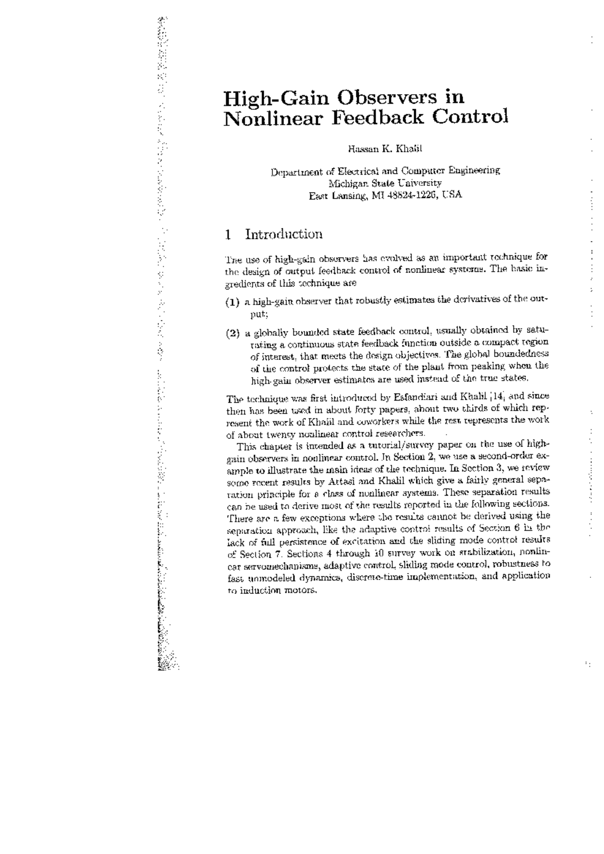 Observers in Nonlinear Feedback Control (EECS 450) - Chapter Overview ...