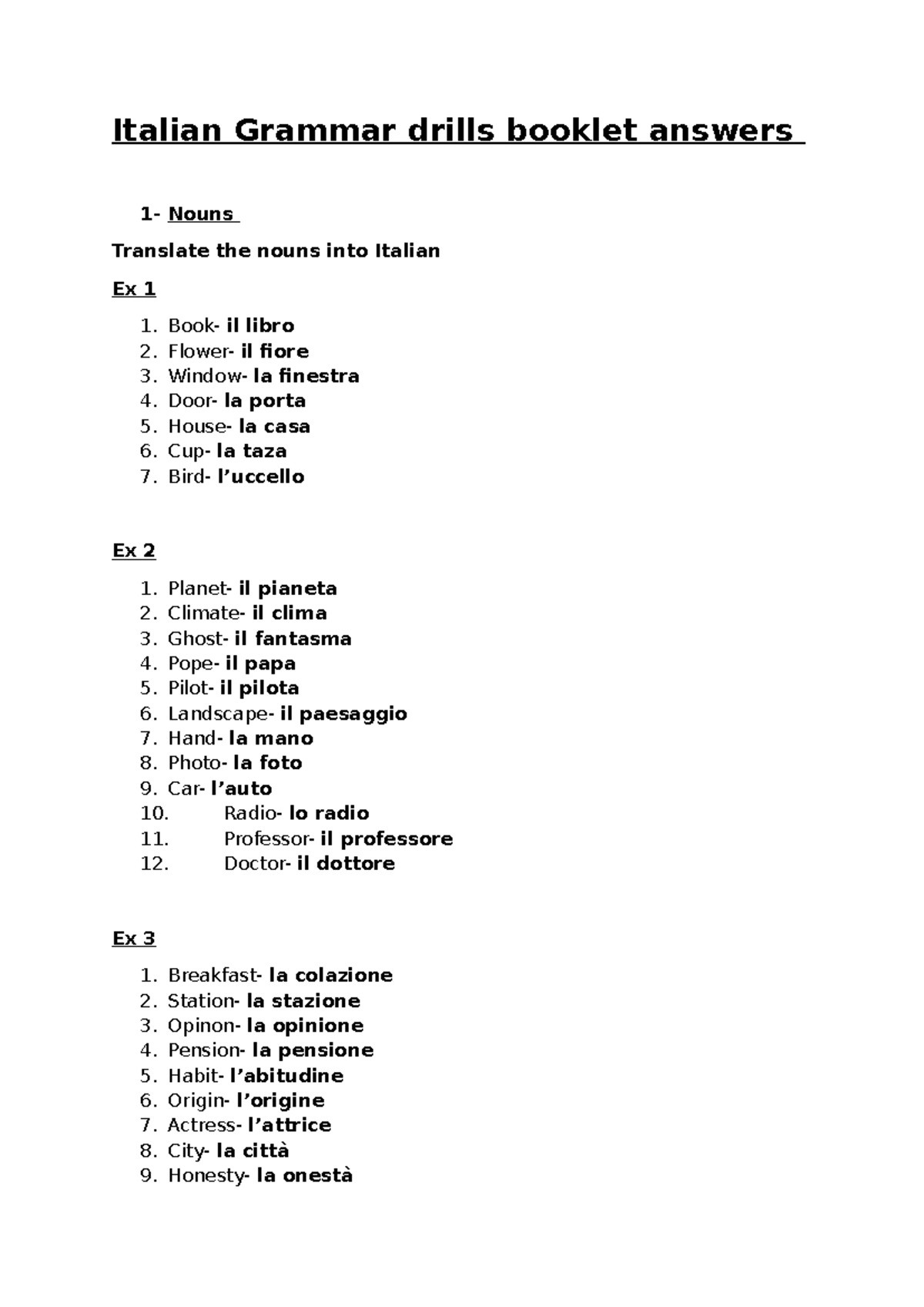Italian Grammar Drills Answers: Nouns and Translations - Studocu
