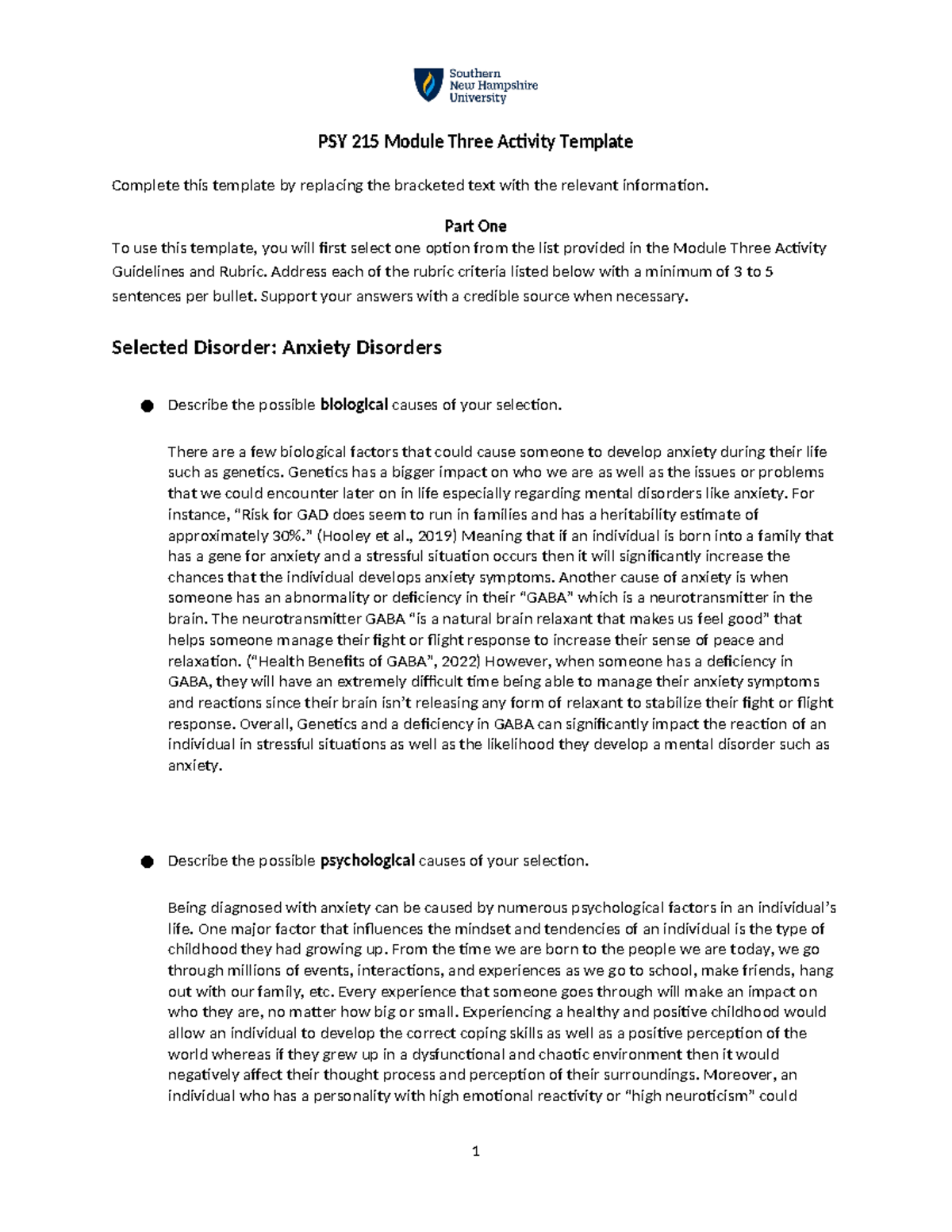 PSY 215 3-2 anxiety disorder - PSY 215 Module Three Activity Template ...