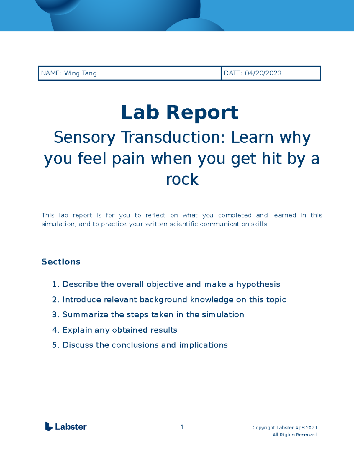Lab Report: Sensory Transduction in NEURO 301 Simulation Experiment ...