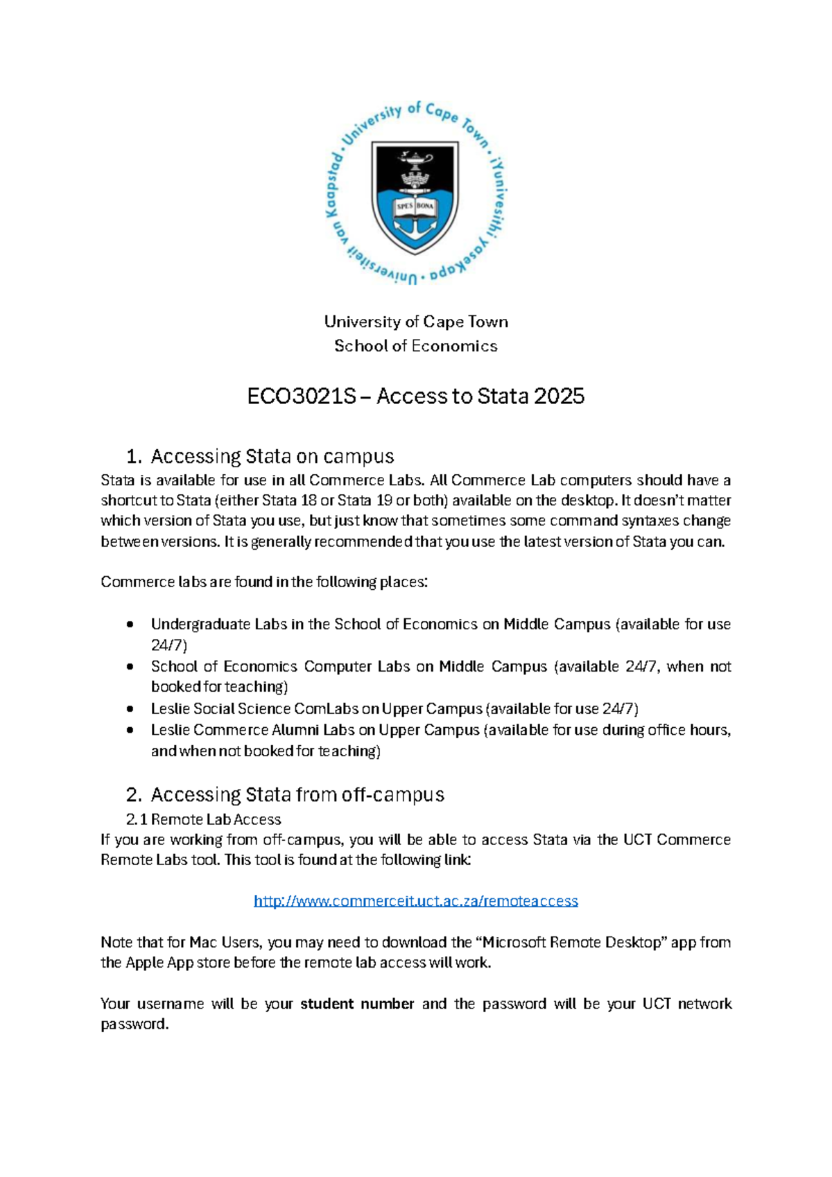ECO3021S Access to Stata Guide for 2025 - Studocu