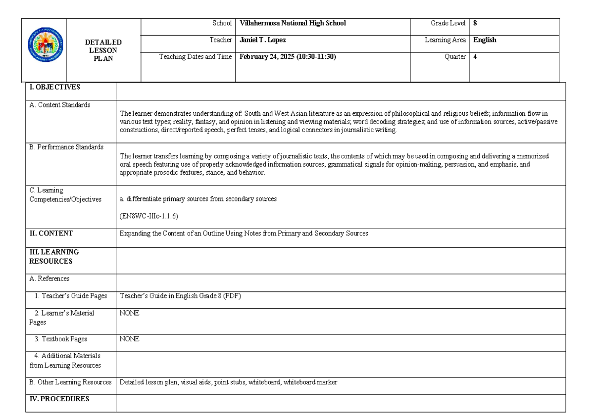 LP for Grade 8, module 2 Quarter 4 - I. OBJECTIVES A. Content Standards ...