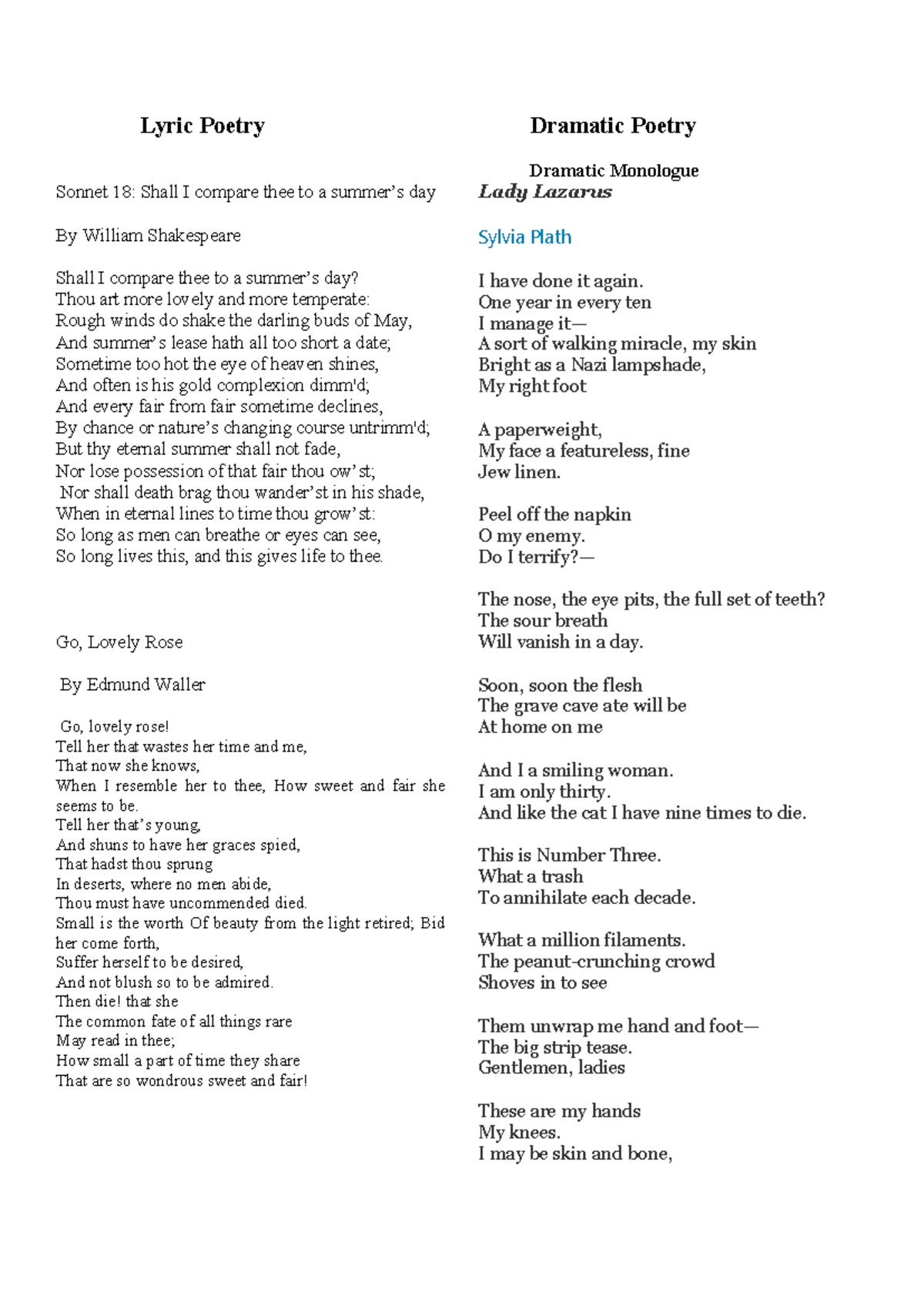 Lyric and Dramatic Poetry Examples: Sonnet 18 & Lady Lazarus - Studocu