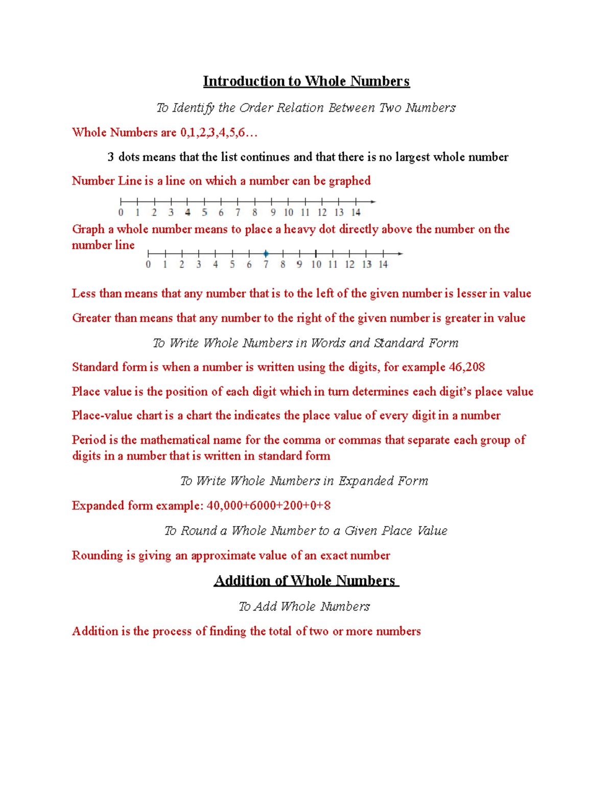 Chapter 1 Whole Numbers - Introduction to Whole Numbers To Identify the Order Relation Between ...
