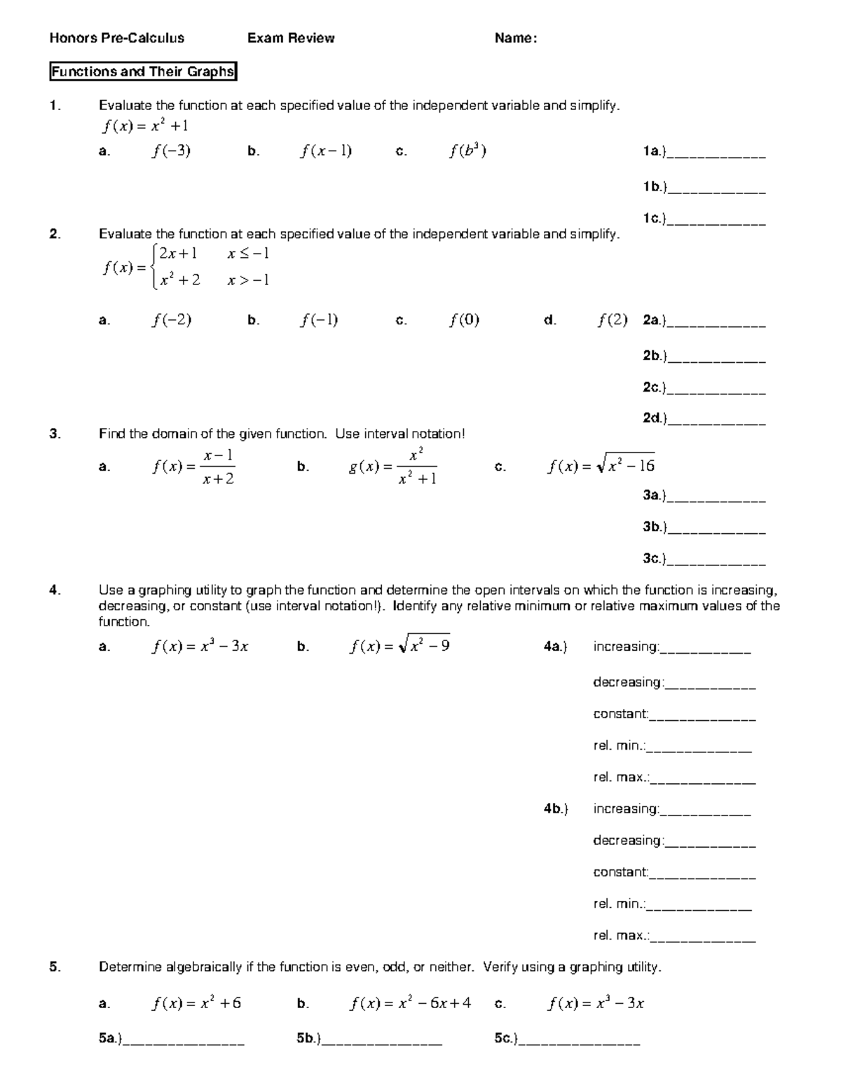 Honors Pre-Calc Exam Review & Solutions: Functions & Graphs - Studocu