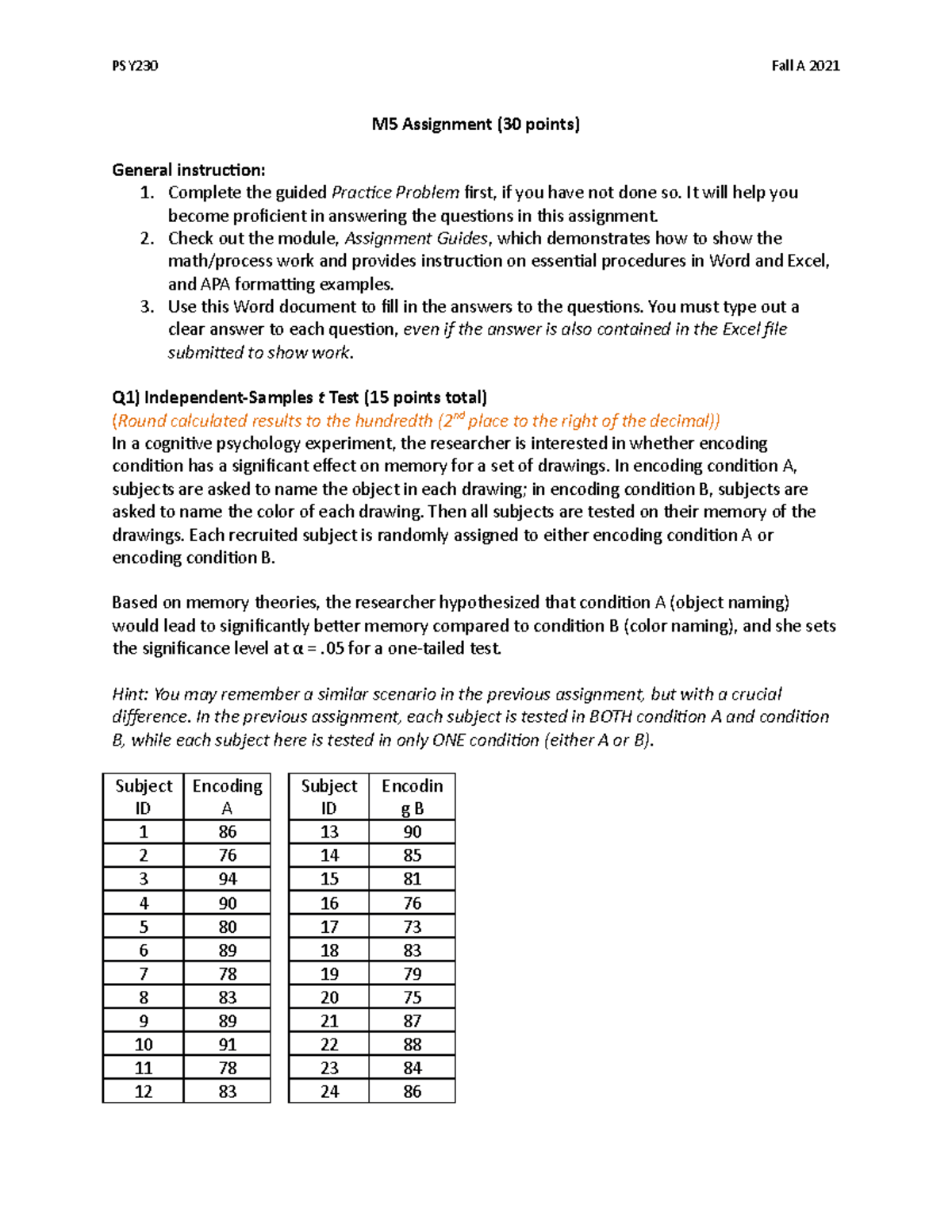 PSy 230 M5 Assignment - PSY230 Fall A 2021 M5 Assignment (30 points ...