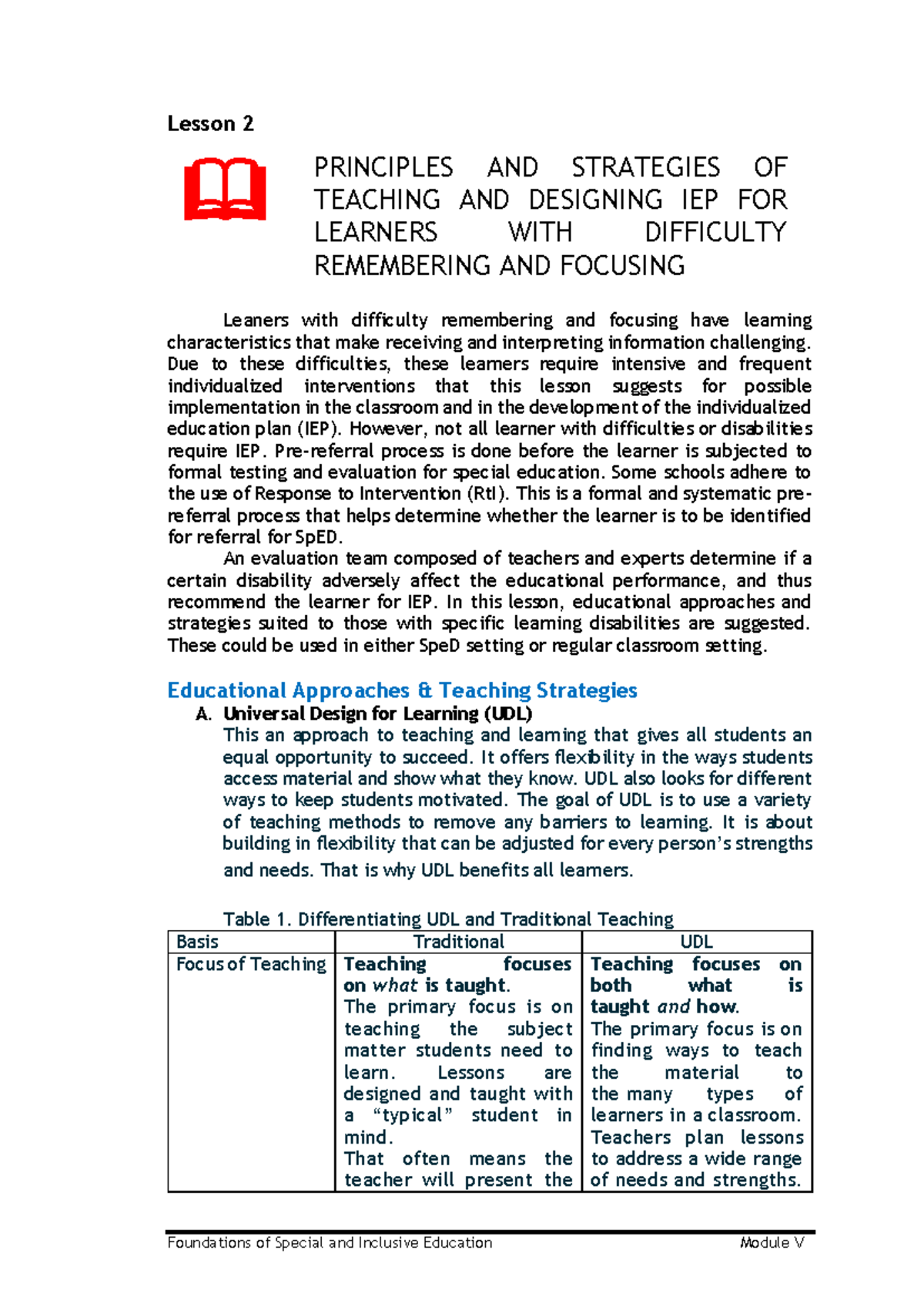 Module 5 Lesson 2: Strategies for Teaching Learners with Focus Issues ...