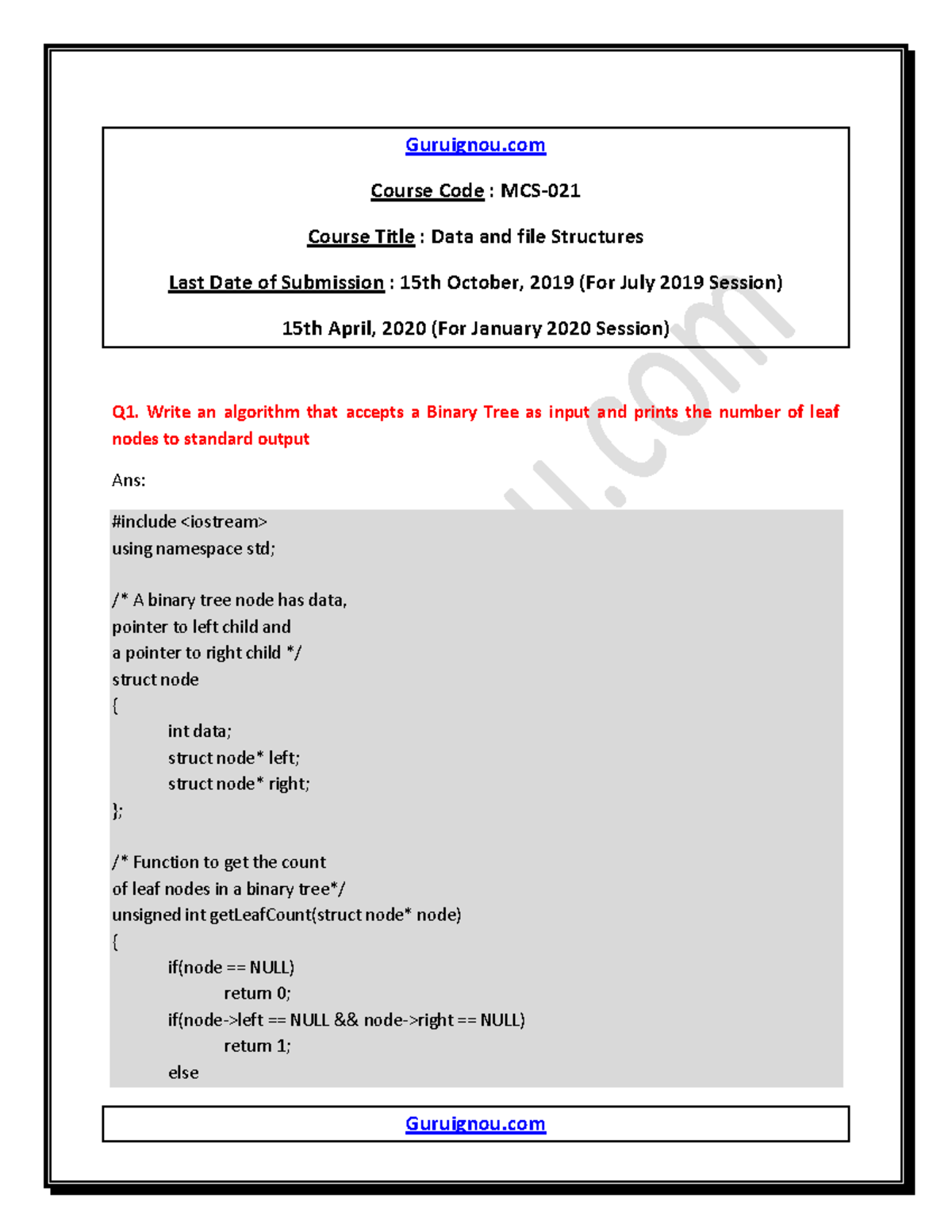 Mcs-021 - Solved assignment - Guruignou Course Code : MCS-0 21 Course Title : Data and file ...