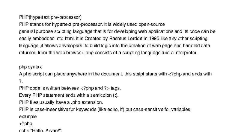 PHP Lesson 1: Introduction to PHP Syntax and Features - Studocu