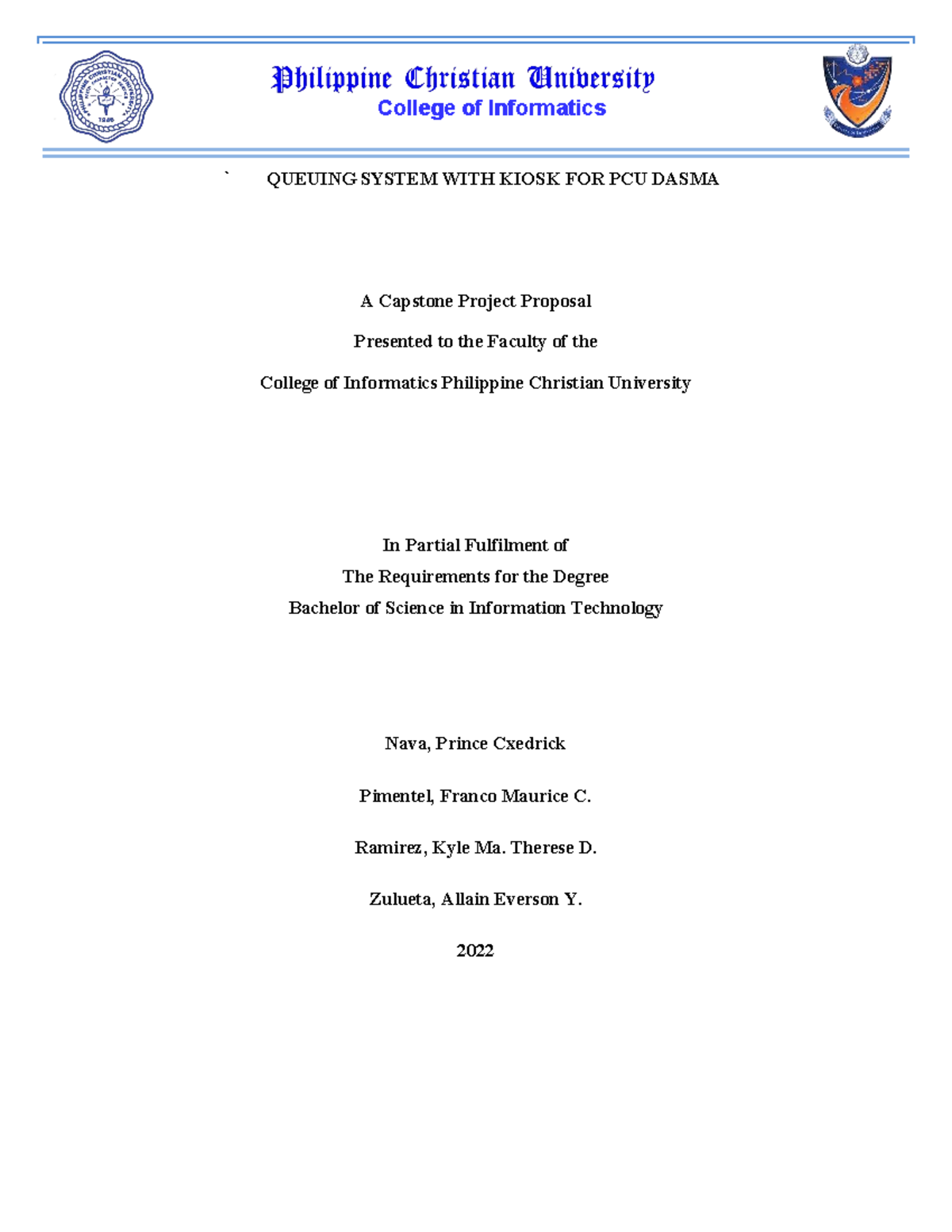 Queuing System WITH Kiosk FOR PCU Dasma - College of Informatics ...
