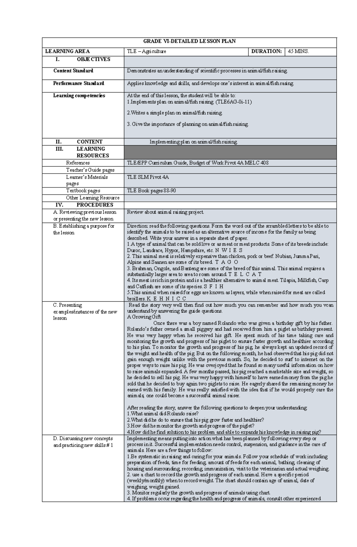 GRADE 6 TLE Lesson Plan: Understanding Animal Raising & Record Keeping ...