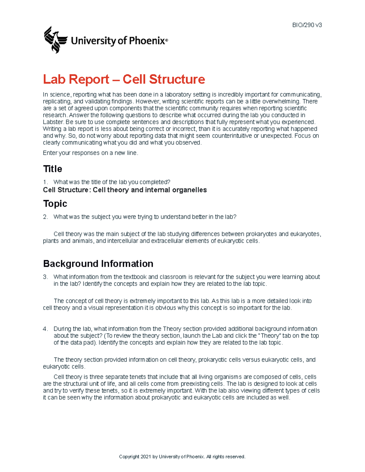 Bio290 v3 wk2 the cell structure lab report - BIO/290 v Lab Report ...