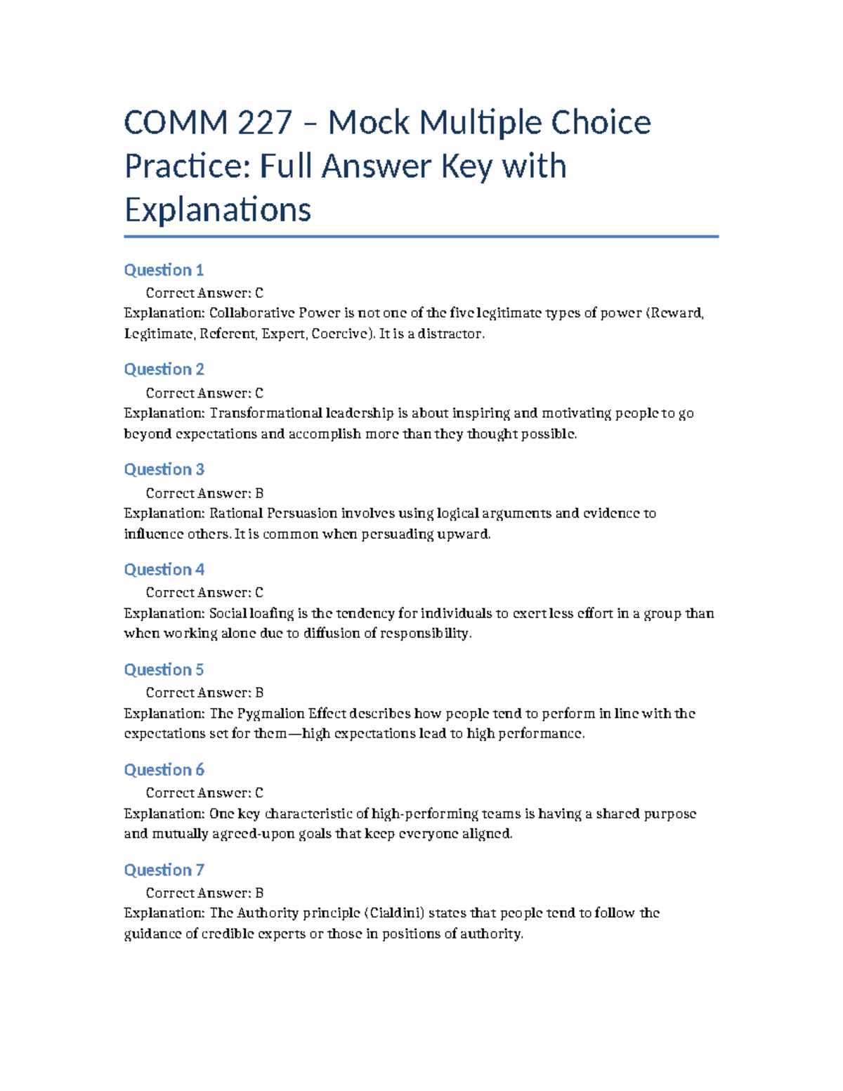 COMM 227 Mock MC Practice: Answer Key with Detailed Explanations - Studocu