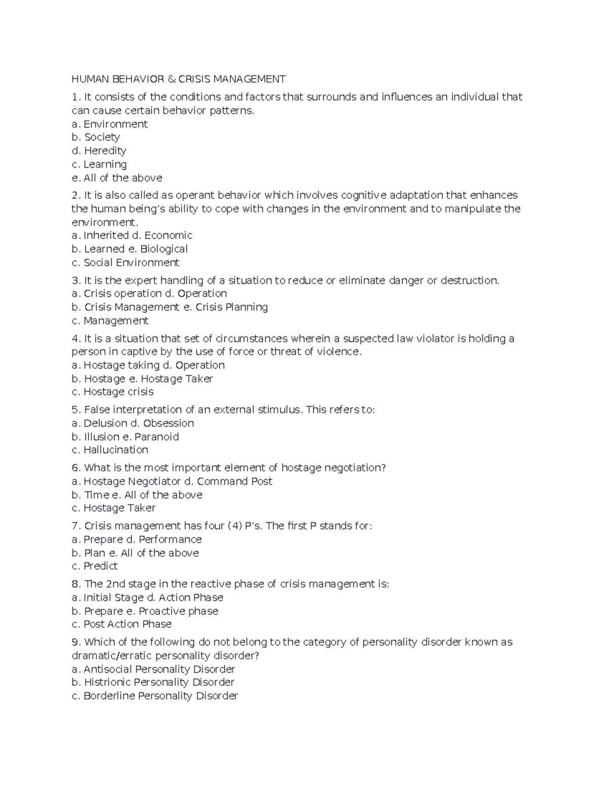 HUMAN BEHAVIOR & CRISIS MANAGEMENT Review Questions (No Answers) - Studocu