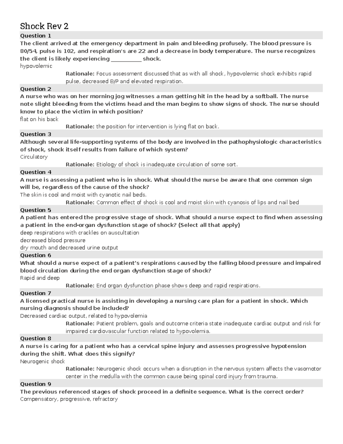 Shock Assessment Review Questions for Nursing (NURS 101) - Studocu