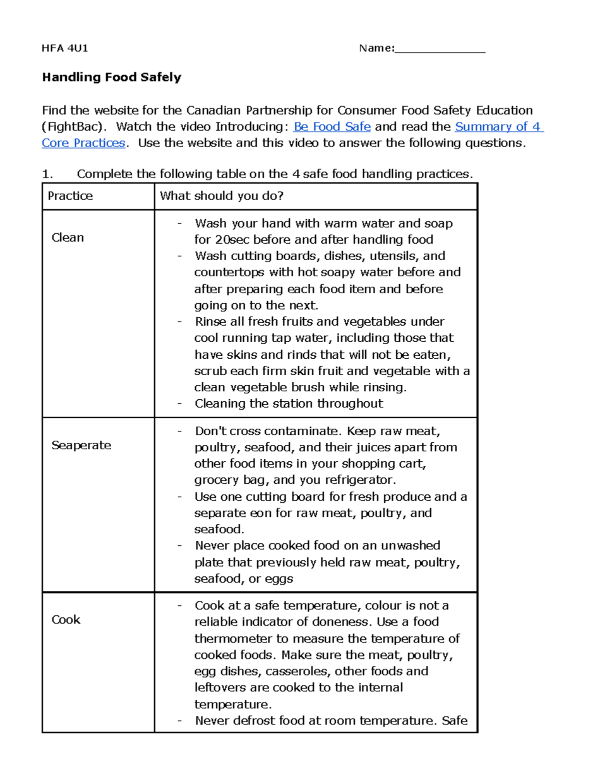 HFA 4U1 Safe Food Handling Practices and Guidelines - Studocu