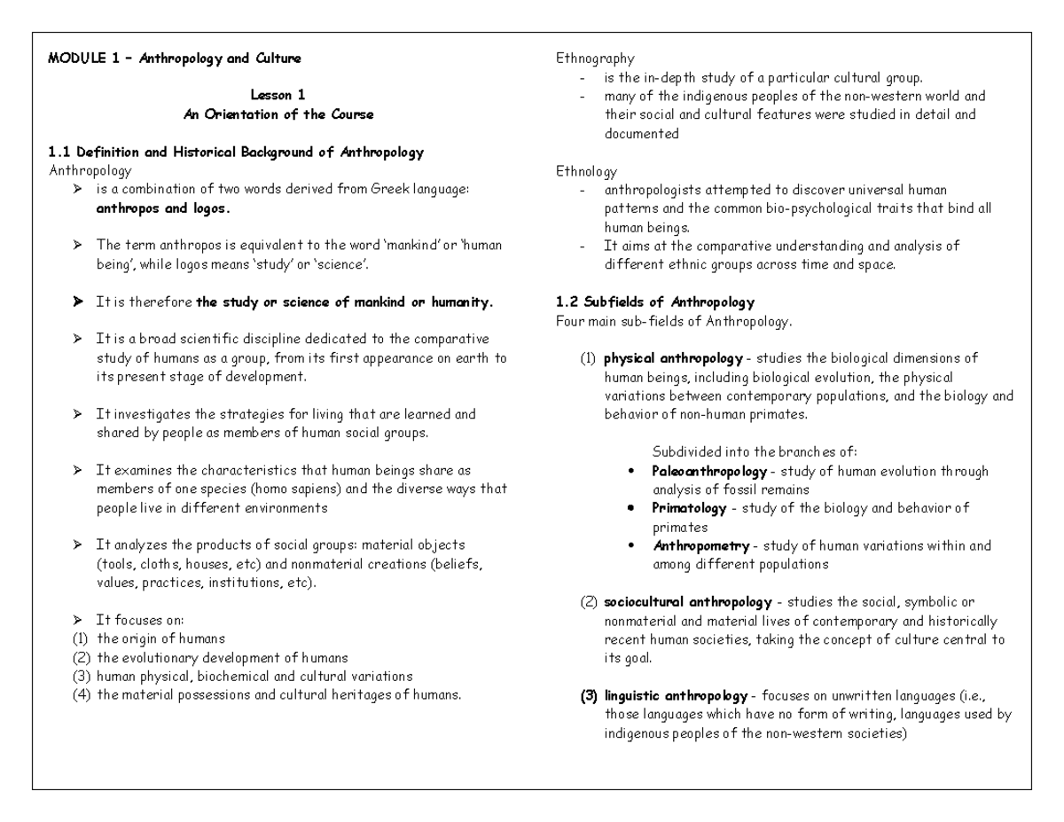 Sociocultural Anthropology Module 1 Lecture Notes and Insights - Studocu