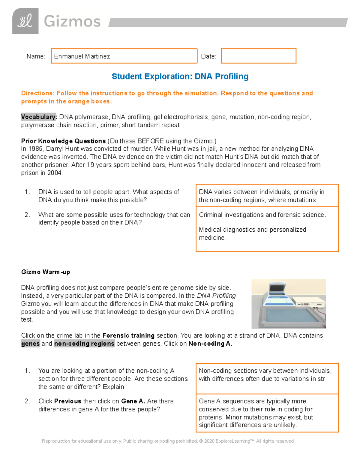 DNA Profiling - gizmo - Name: Enmanuel Martinez Date: Student ...