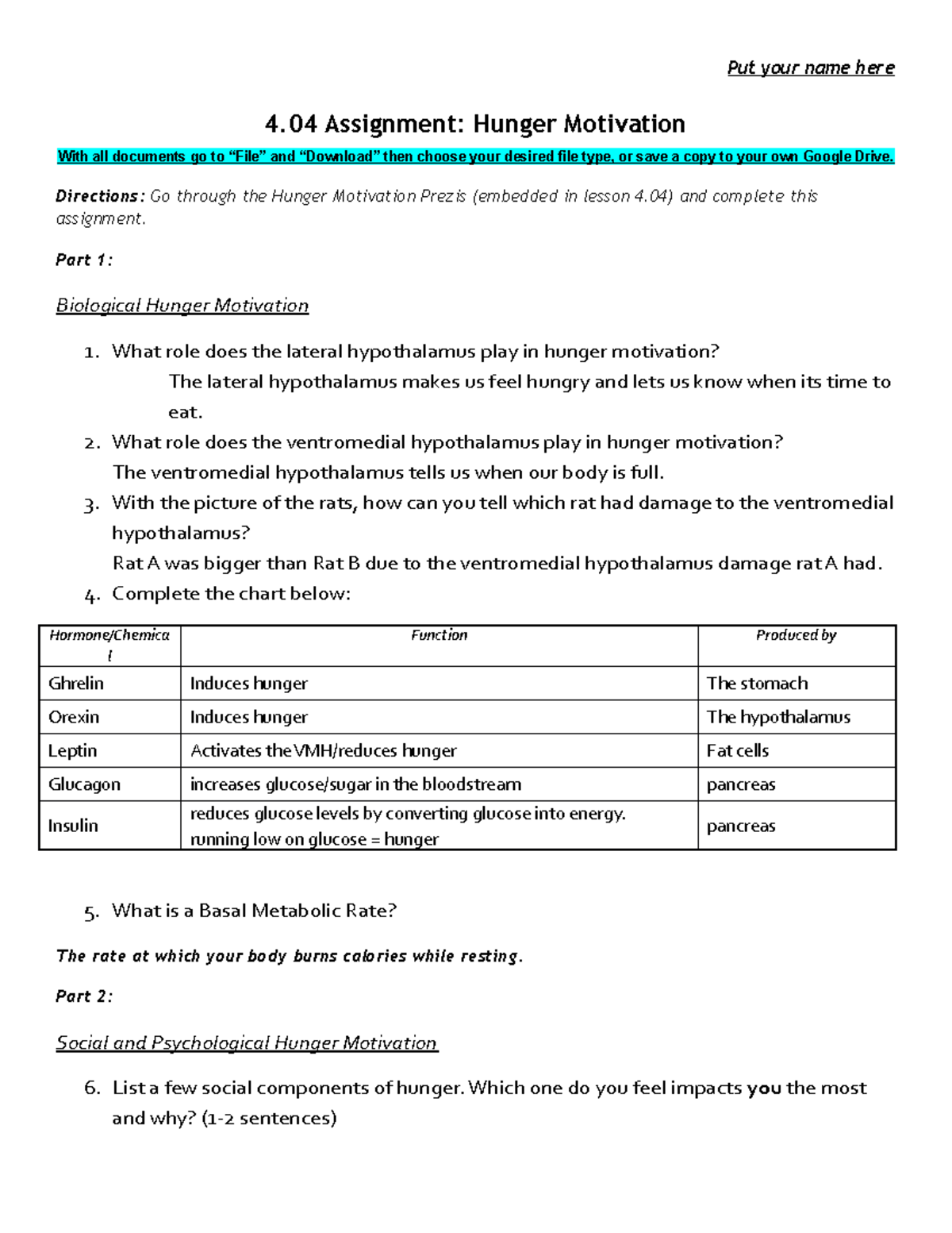Psychology 4.04 Final Assignment: Hunger Motivation Insights - Studocu