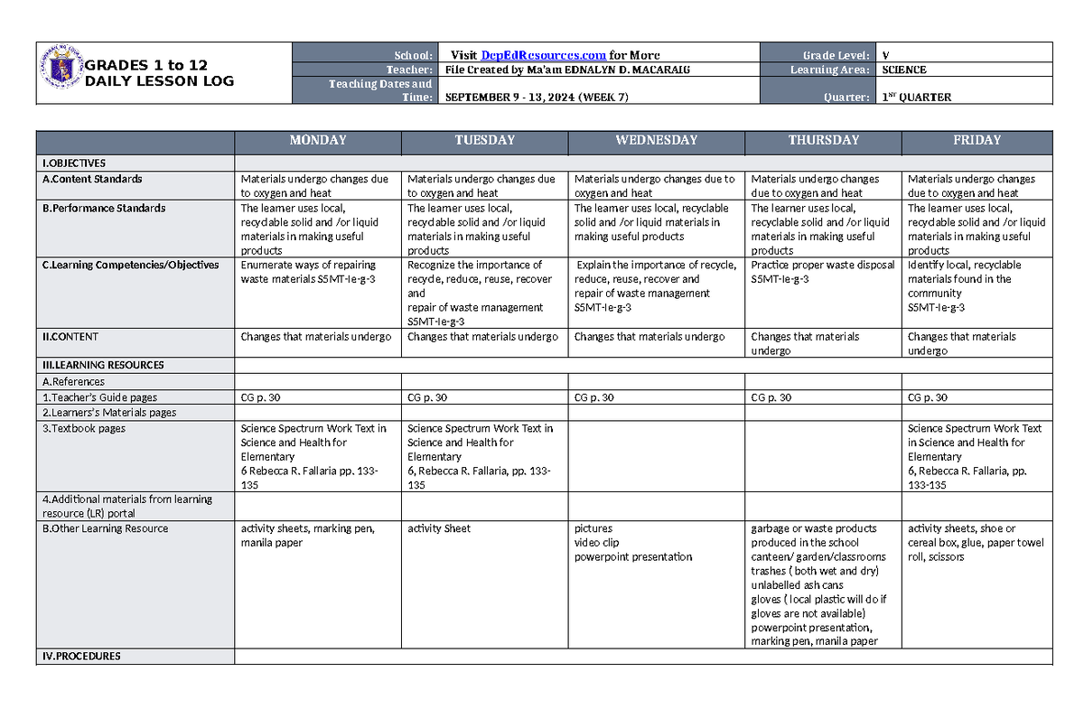 DLL Science 5 Q1 W7 - Daily Lesson Log and Activities - Studocu