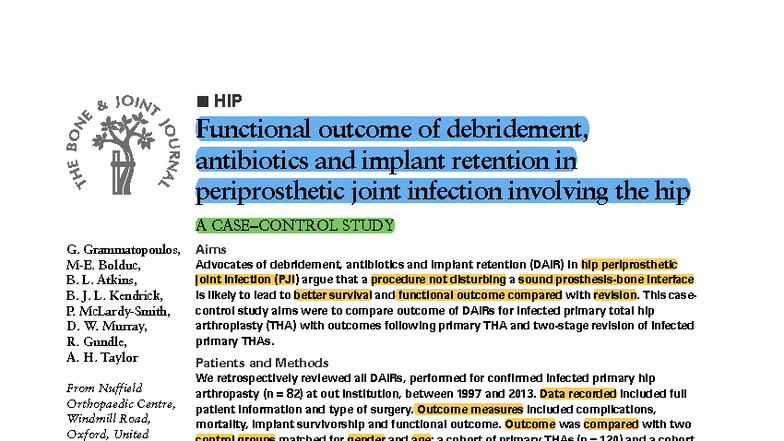 HIP PJI: Outcomes of DAIR vs. Revision in Total Hip Arthroplasty - Studocu