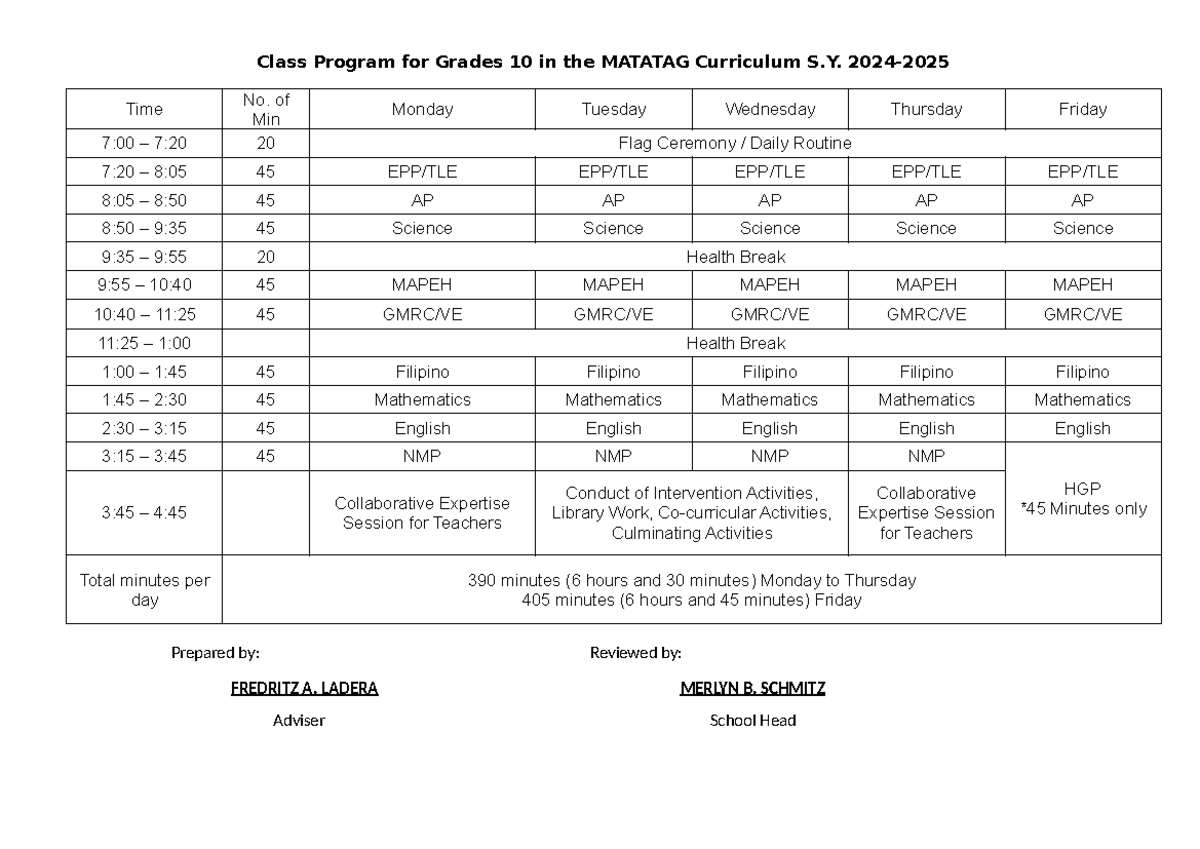 Class P G10 - Weekly Program Schedule in MATATAG Curriculum S. 2024 ...