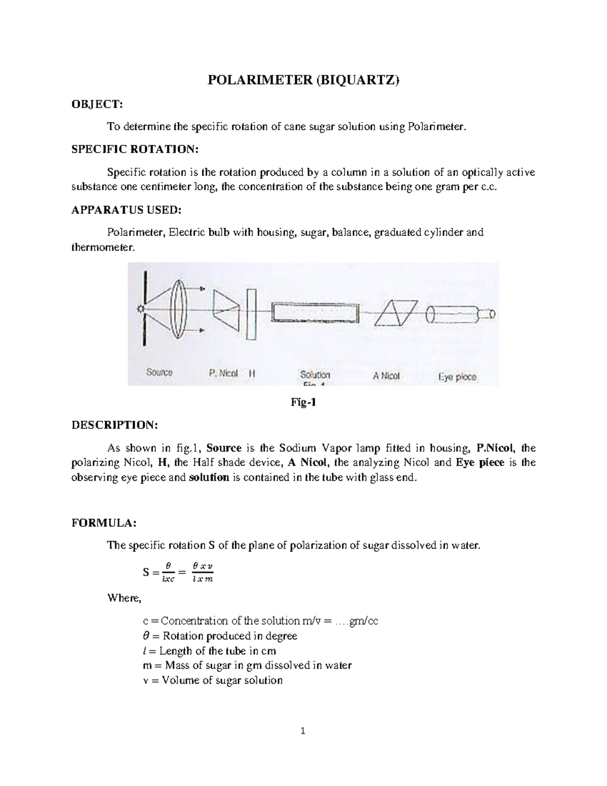 Specific Rotation of Cane Sugar Solution Using Polarimeter (CHEM 101 ...
