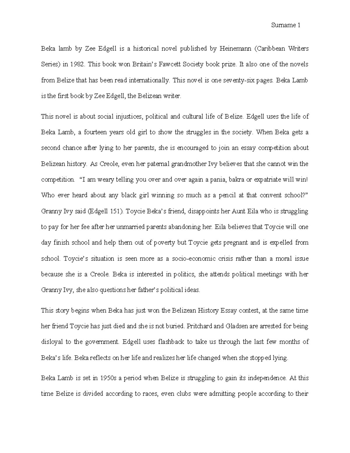 257931 Beka Lamb Book report - Beka lamb by Zee Edgell is a historical ...