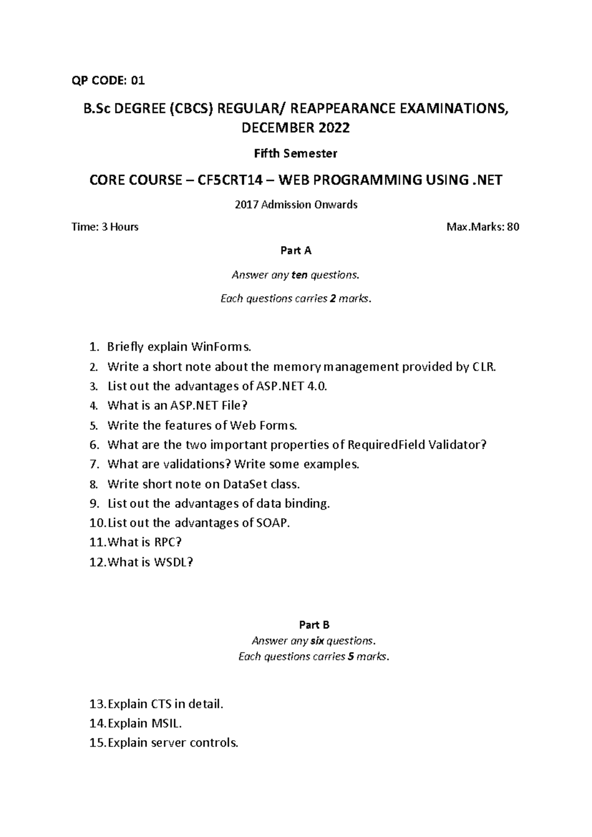 QP CODE: 01 B.Sc DEGREE (CBCS) REAPPEARANCE EXAM, DEC 2022 - CF5CRT14 ...