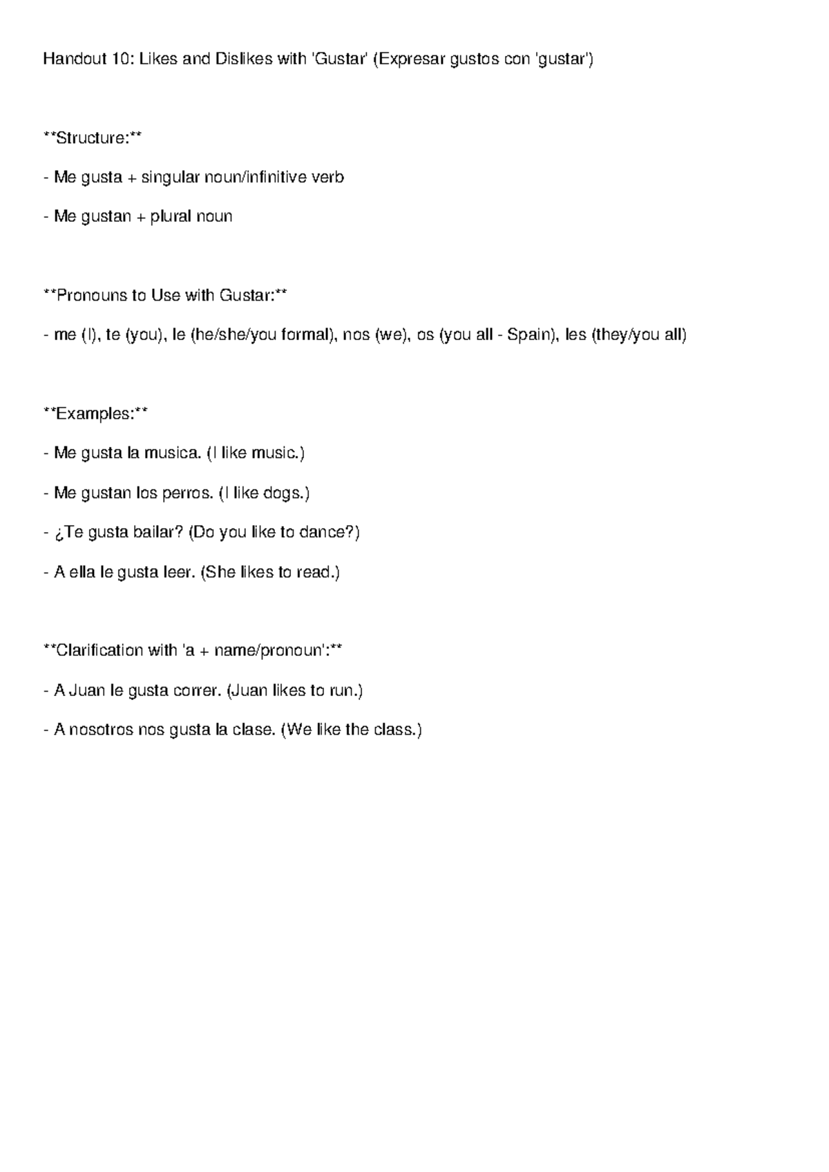 Handout 10 - notes - Handout 10: Likes and Dislikes with 'Gustar ...