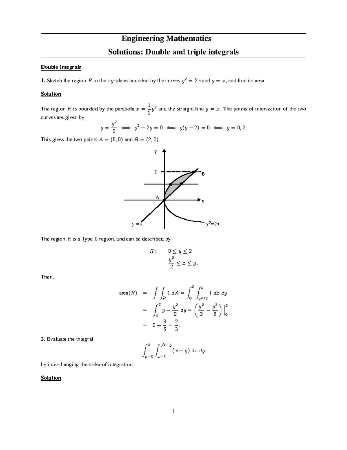 Engineering Mathematics 233 - Solutions for Double & Triple Integrals ...