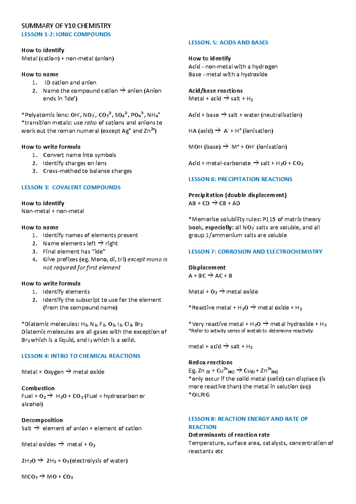 Year 10 Chemistry Cornell Notes: Atomic Structure & Reactions (NSW ...