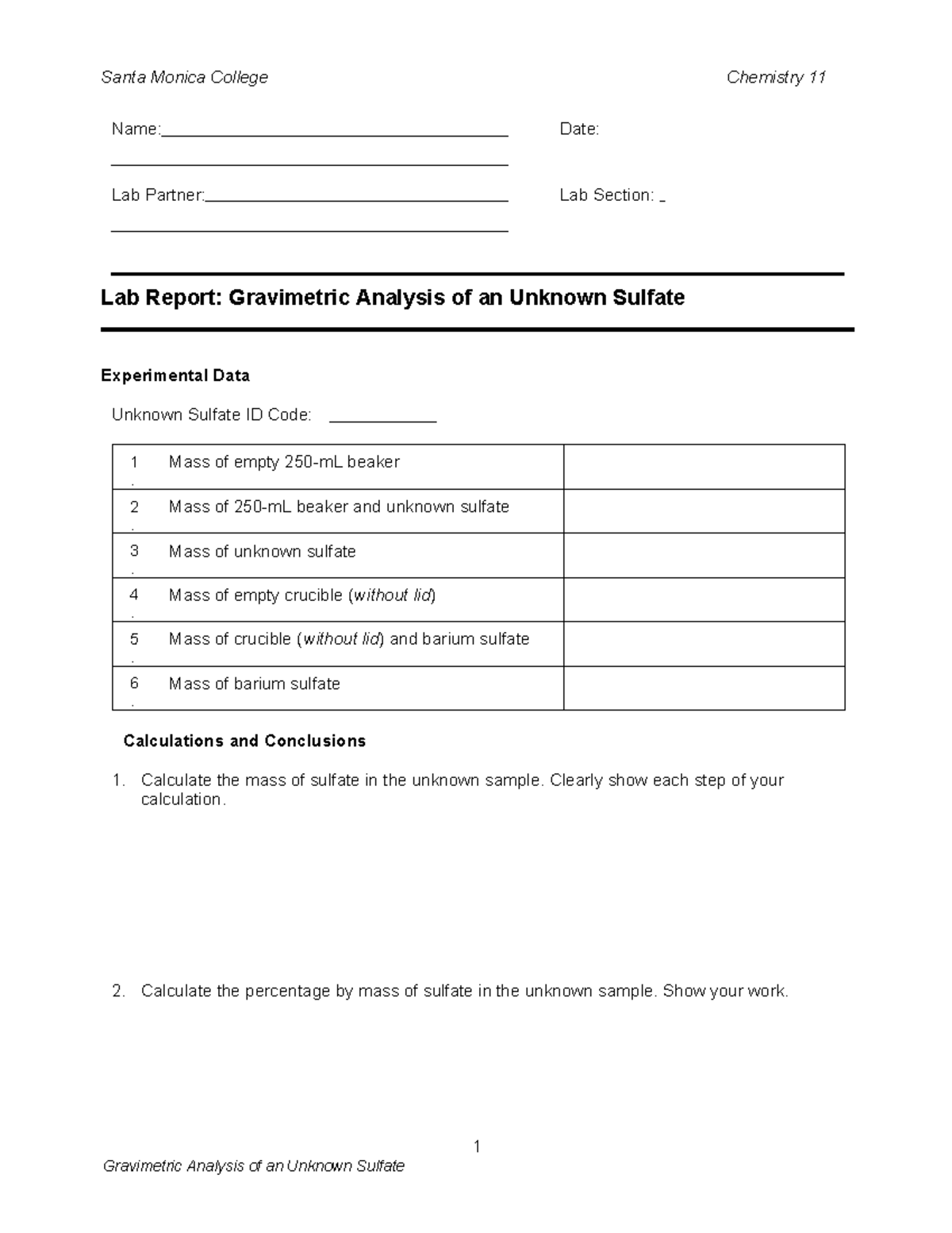 Chemistry 11 Lab Report: Gravimetric Analysis of Unknown Sulfate - Studocu