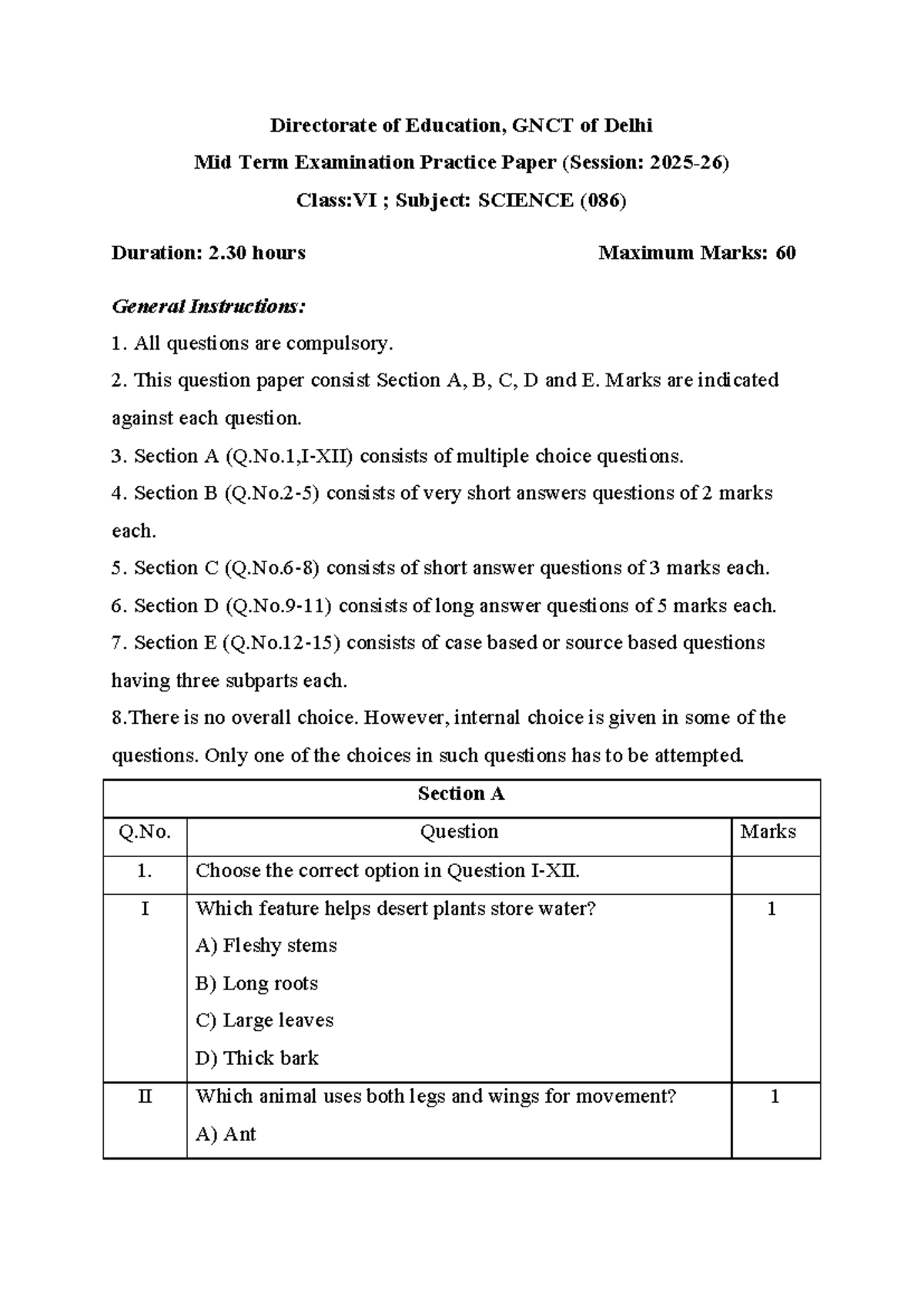 Mid Term Exam Practice Paper for Class VI Science (086) - Studocu