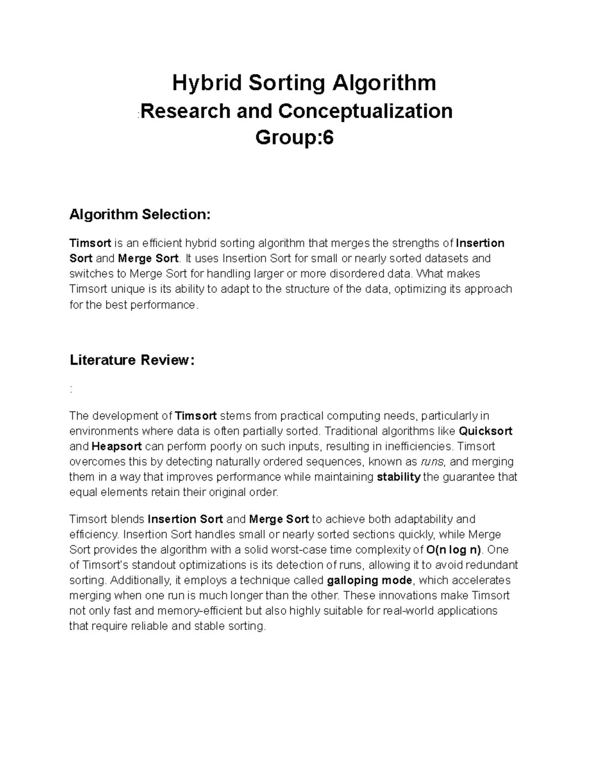 Hybrid Sorting Algorithm: Timsort Overview and Applications (Group 6) - Studocu