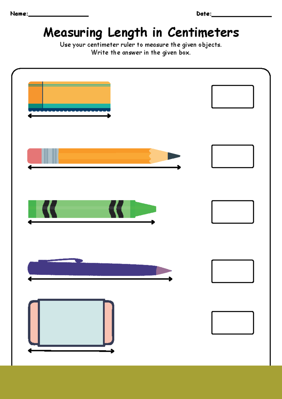 Measuring Length in Centimeters - 2nd Grade Worksheet - Name: Date ...